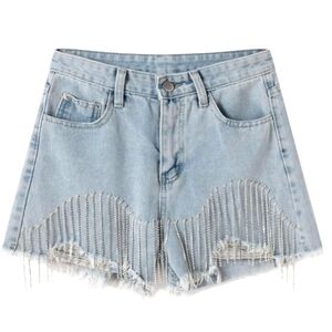 Shorts | High Waist Ripped Rhinestone Tassel Denim Jean Fringe Shorts ...